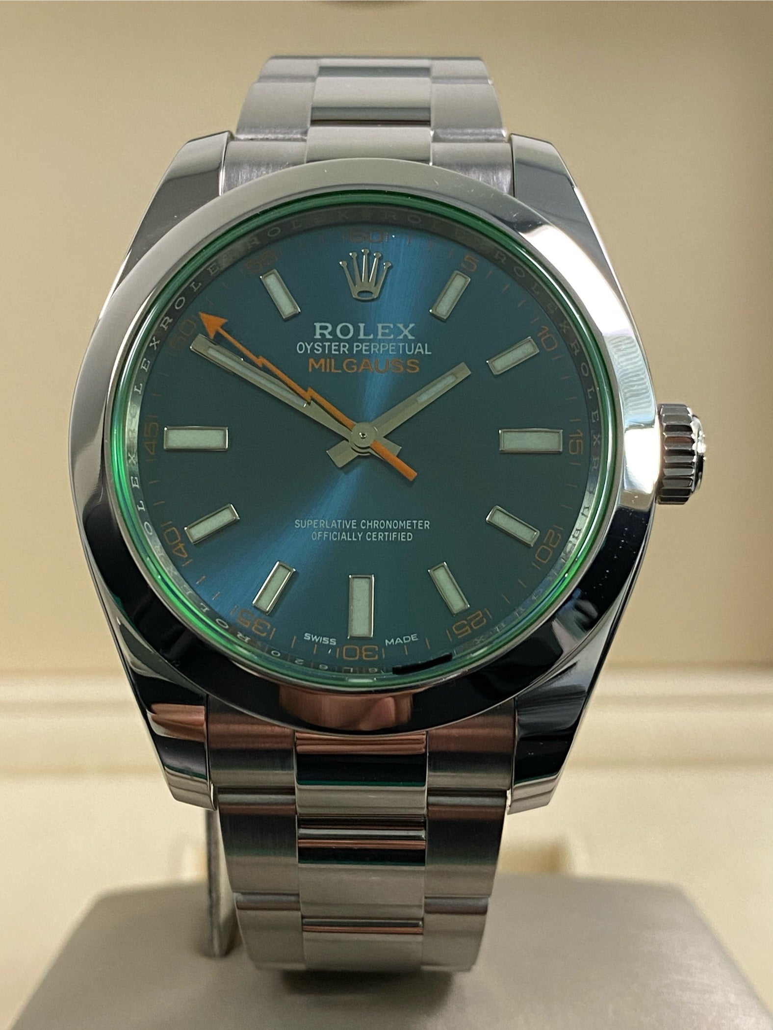 Rolex Milgauss - Blue Dial Green Crystal - 116400GV – Time of Swiss INC